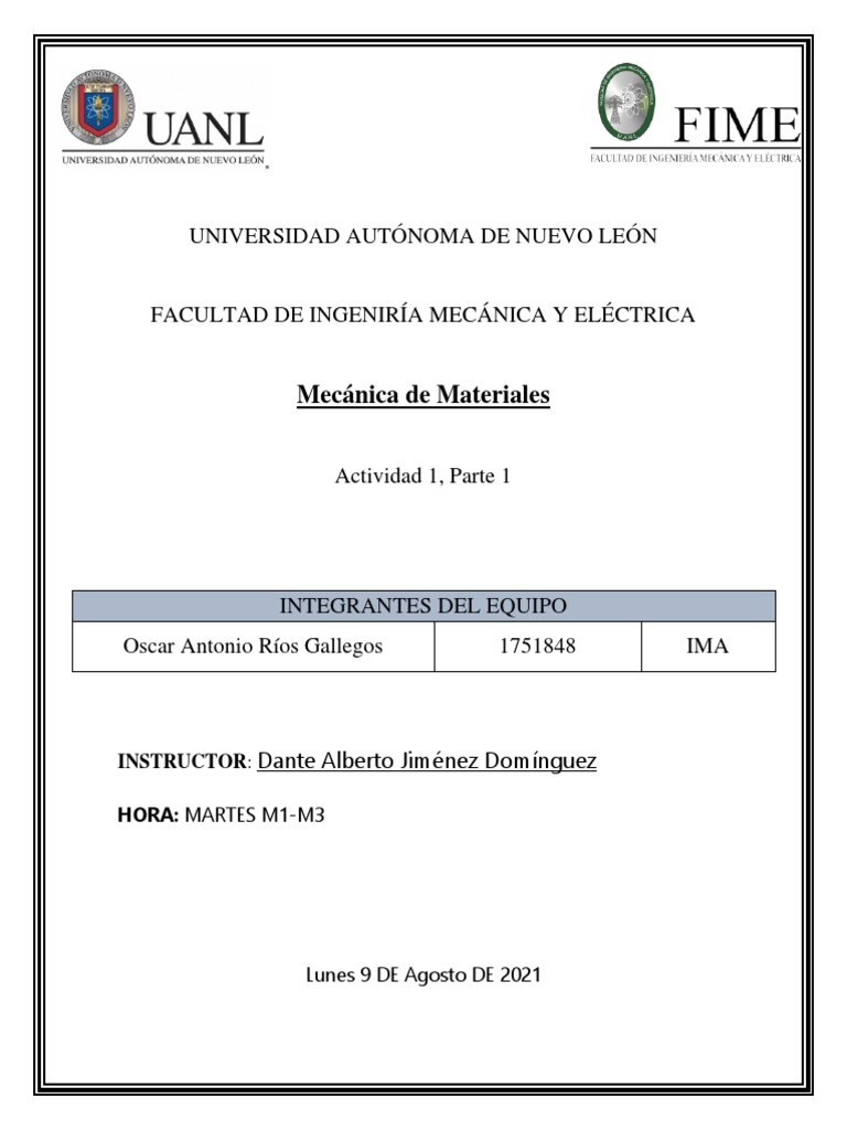 Actividad 1 Mec. Materiales 1751848 | PDF | Fuerza | Mecánica