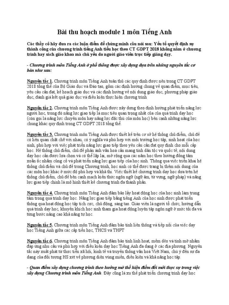 Bai Thu Hoach Module 1 BDTX Mon Tieng Anh | PDF