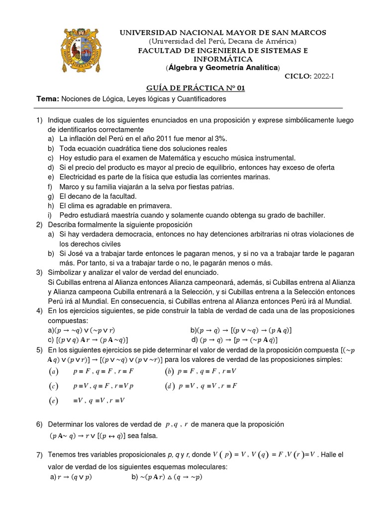 Guia de Práctica 1 Álgebra y Geometría Analitica | PDF | Proposición | Lógica