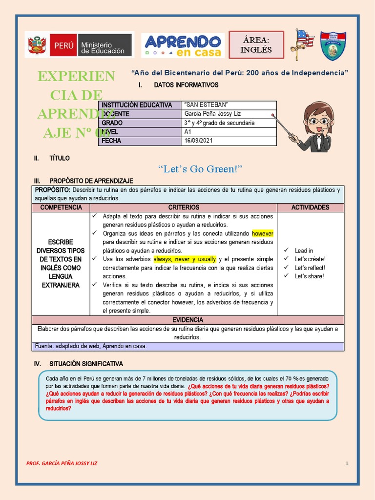 INGLÉS 3° y 4º ACTIVIDAD #03 - EXP 06 | PDF