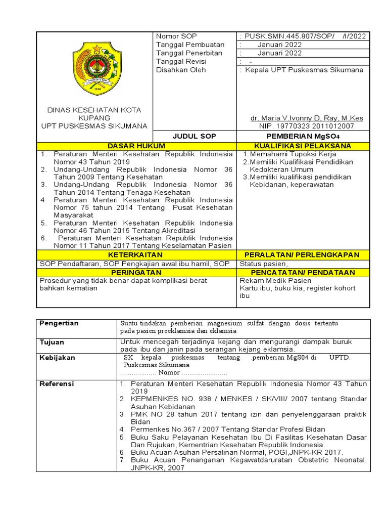 SOP PEMBERIAN MgSO4 | PDF