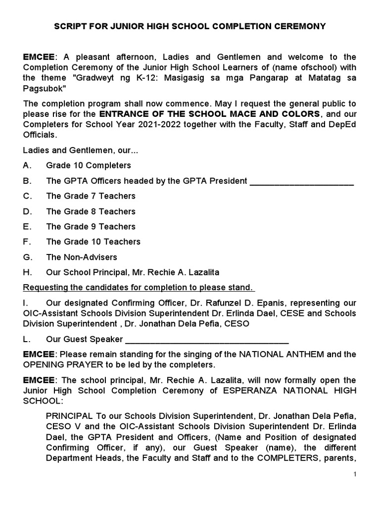 Script For Junior High School Completion Ceremony | PDF | Social ...