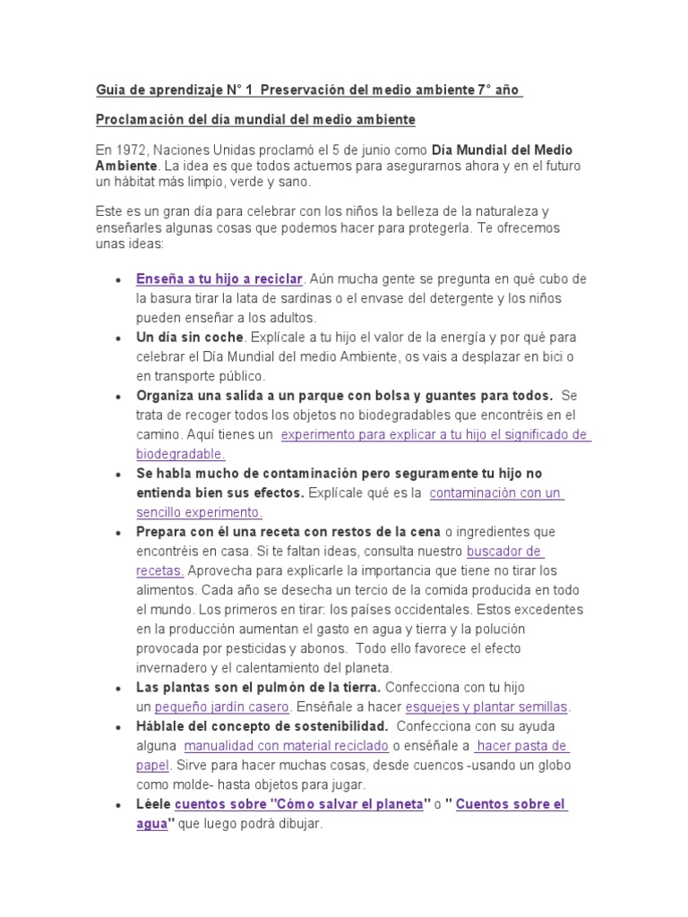 Guía de Aprendizaje #1 Preservación Del Medio Ambiente 7° Año | PDF ...