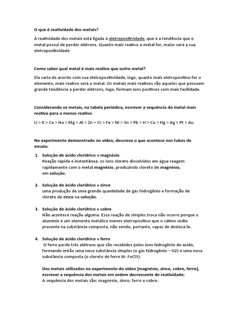 O Que e Reatividade Dos Metais | PDF O Que e Reatividade Dos Metais | PDF
