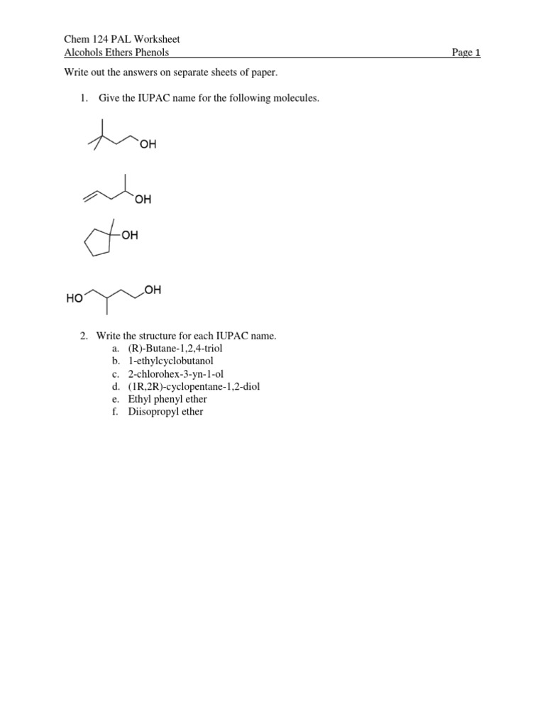 Chem 124 Pal Worksheet Alcohols Ethers Phenols | PDF | Science & Mathematics | Technology ...