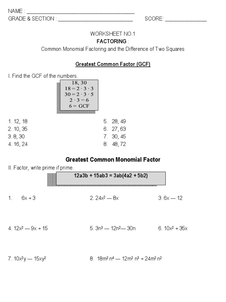 Factoring Worksheets | PDF