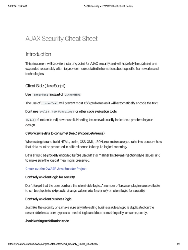 OWASP Ajax Security Cheatsheet | PDF