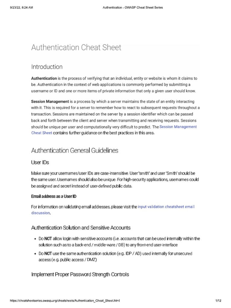 Owasp Authentication Cheatsheet | PDF