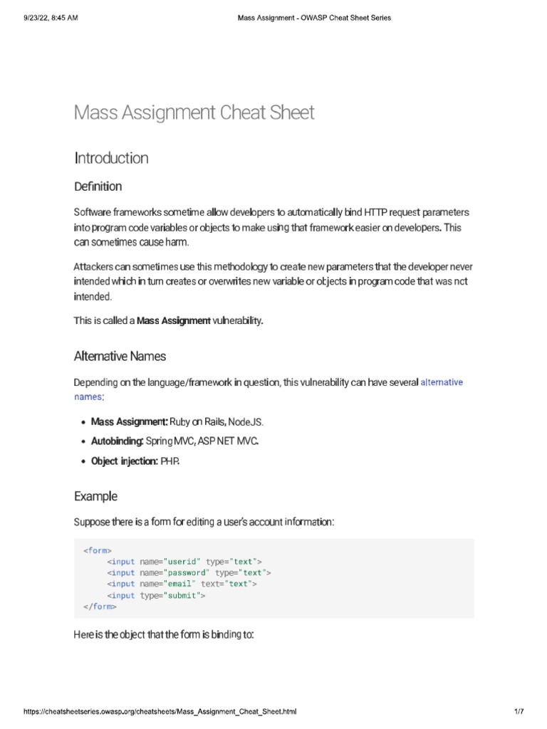 Mass Assignment Cheatsheet | PDF