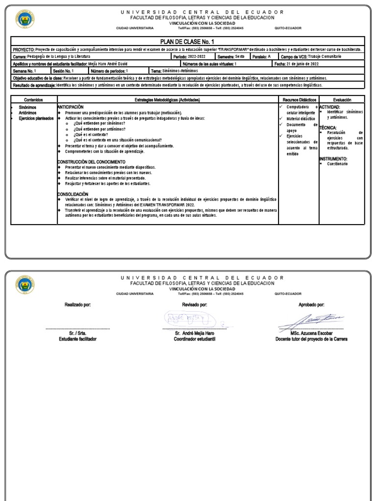 Sesión 1-Plan de Clase. Sinónimos y Antónimos | PDF | Evaluación | Prueba (evaluación)