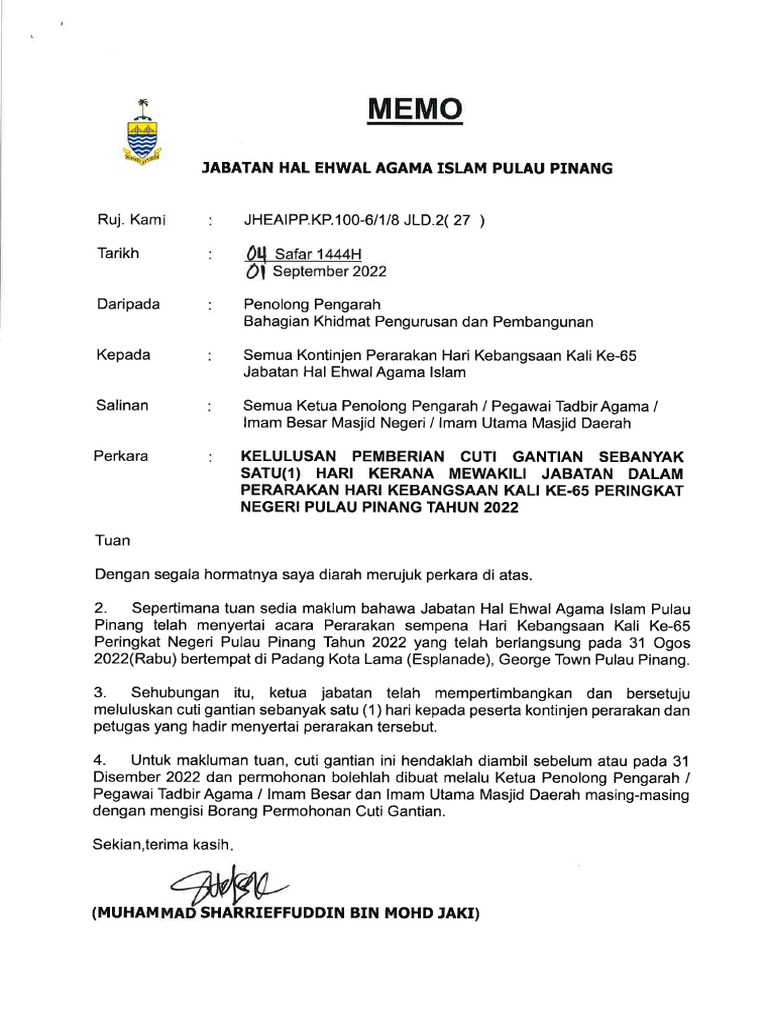 Memo Cuti Ganti Perarakan Merdeka 2022 | PDF