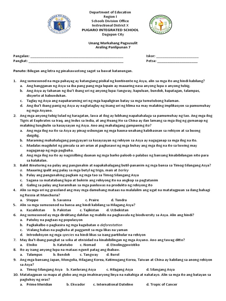 1st Quarter Exam Asya | PDF