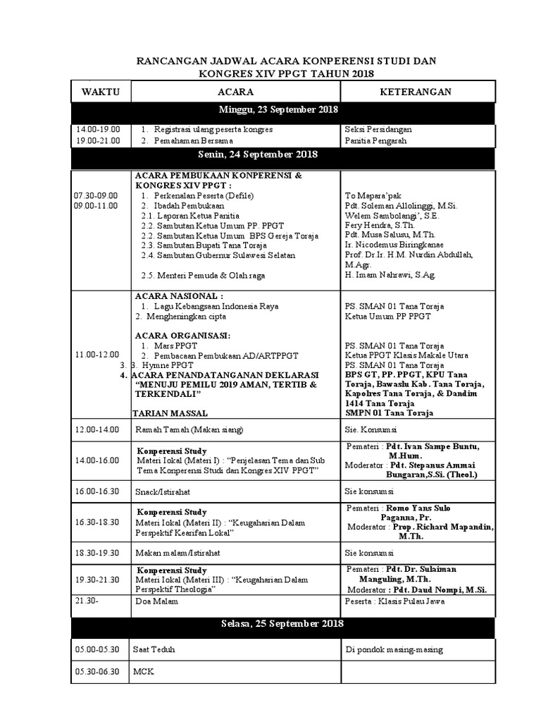 Rancangan Acara Konperensi & Kongres XIV PPGT-2 | PDF