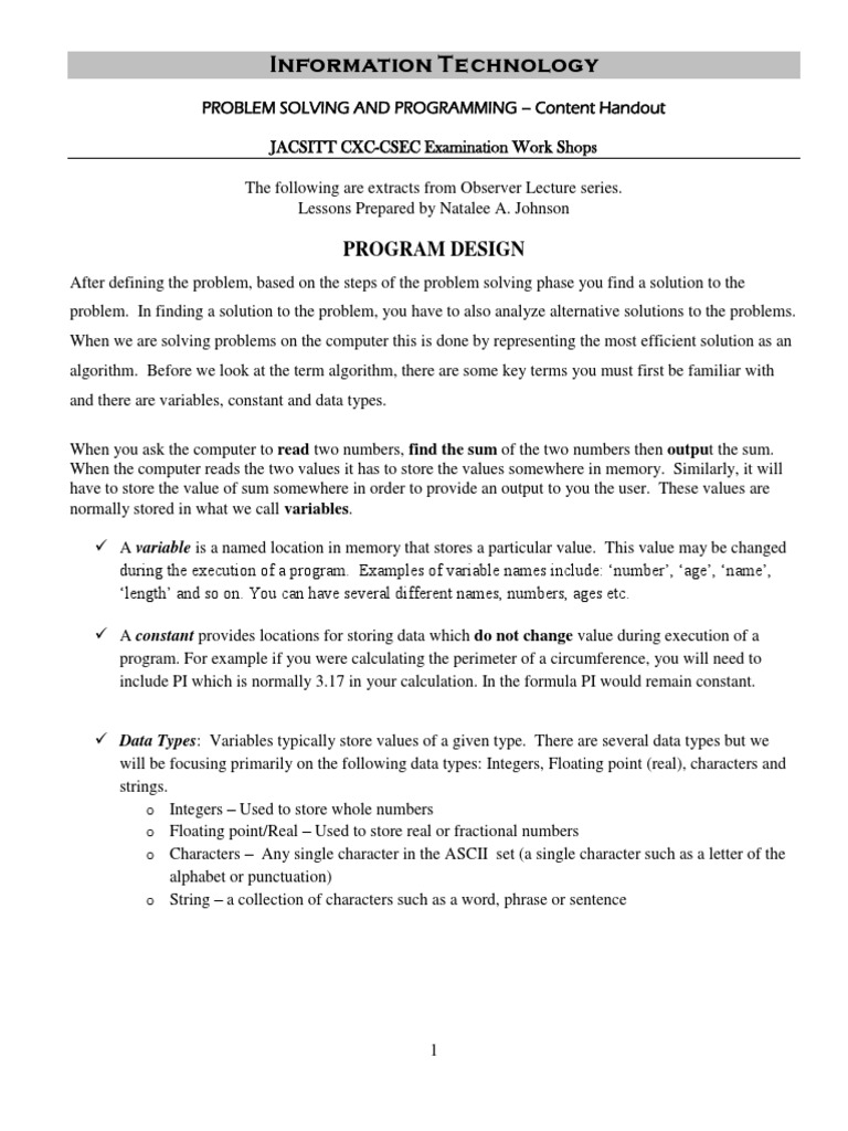 Problem Solving and Programming Content Handout | PDF | Programming ...