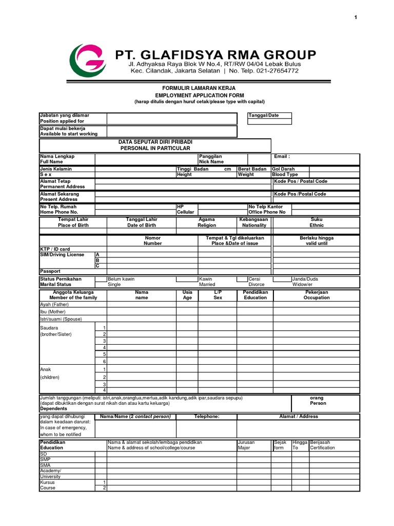 Formulir Lamaran Kerja Lengkap Pdf