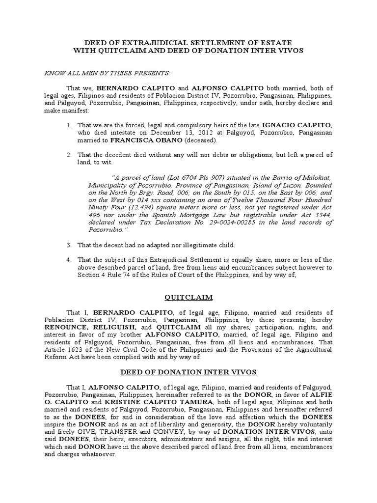 Deed of Extrajudicial Settlement of Estate Calpito | PDF | Civil Law (Common Law) | Justice