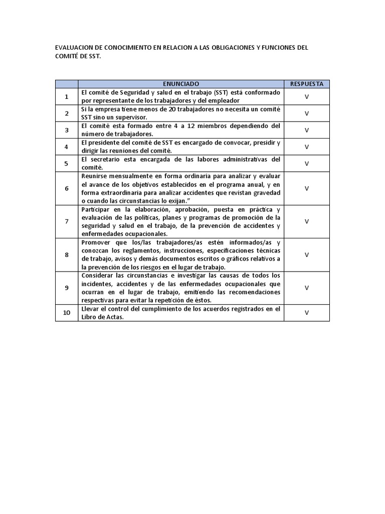 Evaluacion Funciones Del Comité de SST | PDF | Ciencias de la Salud
