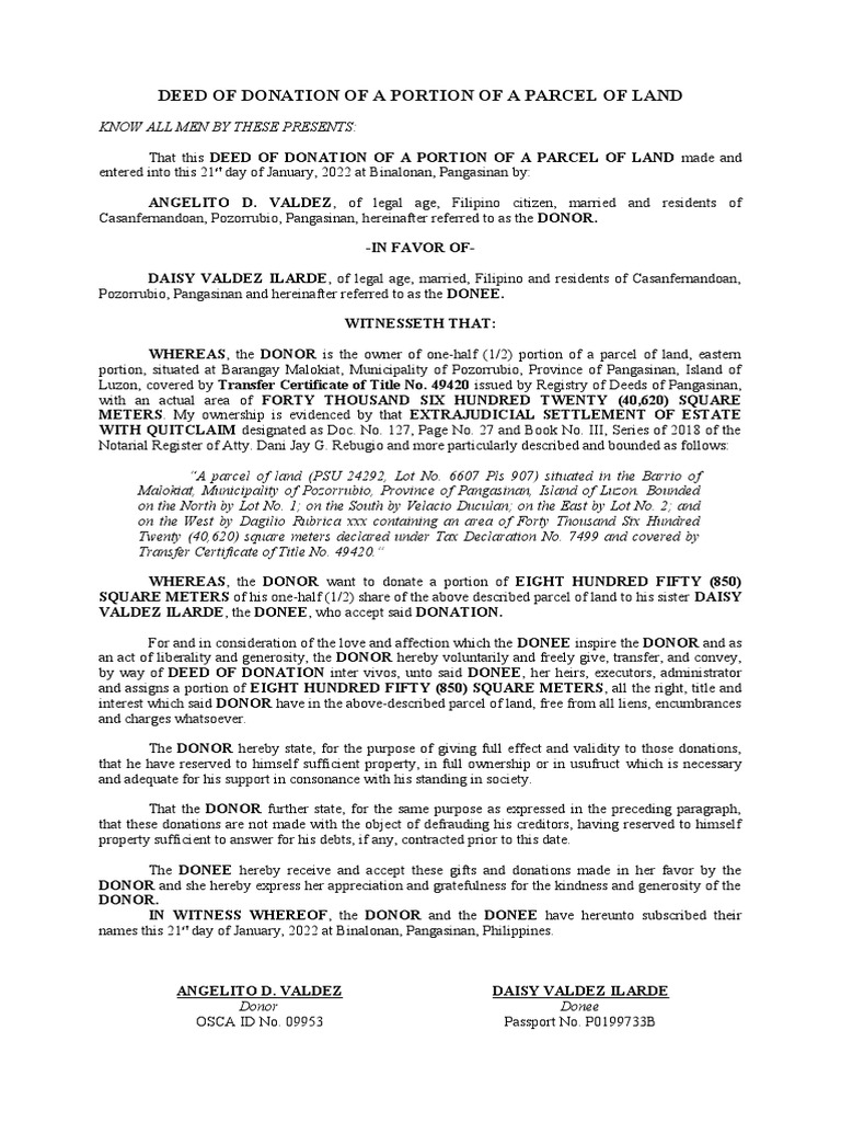 Deed of Donation: 850 sqm Land Portion | PDF | Notary Public | Civil ...