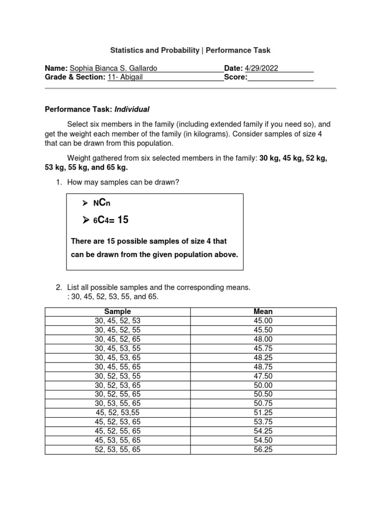 4th Quarter Performance Task | PDF | Sampling (Statistics) | Mean