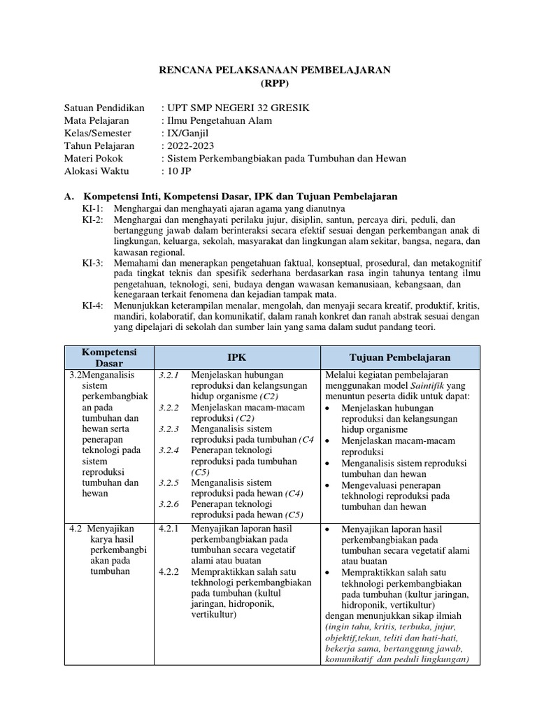 RPP Sistem Reproduksi Tumbuhan Dan Hewan | PDF