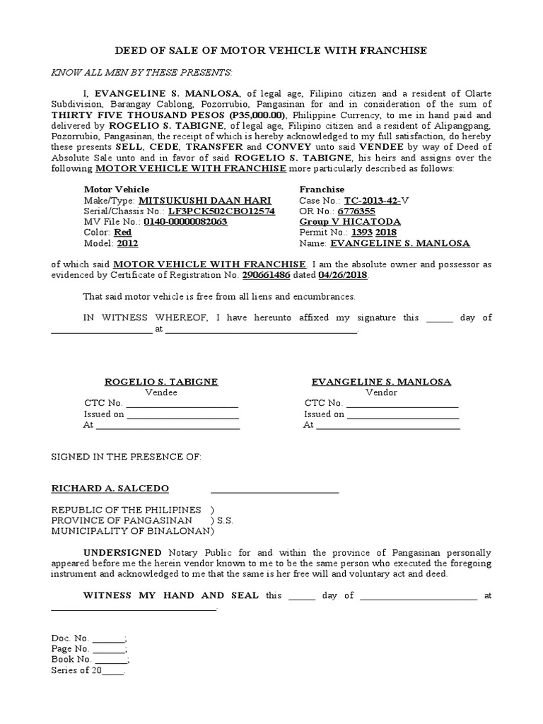Deed of Sale of Motor Vehicle With Franchise | PDF | Document | Private Law