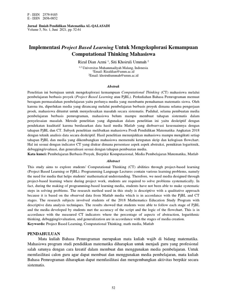 Azmi Ummah Project Based Learning Computational Thinking Math Media Matlab Pdf