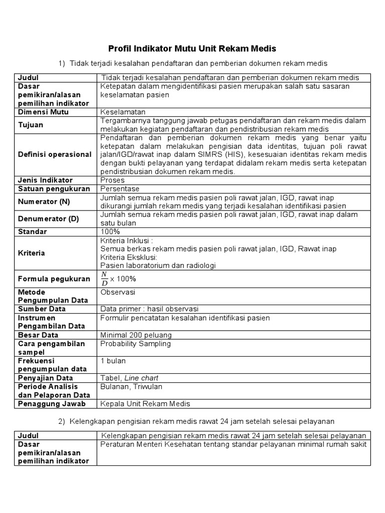 Profil Indikator Mutu Unit Rekam Medis | PDF