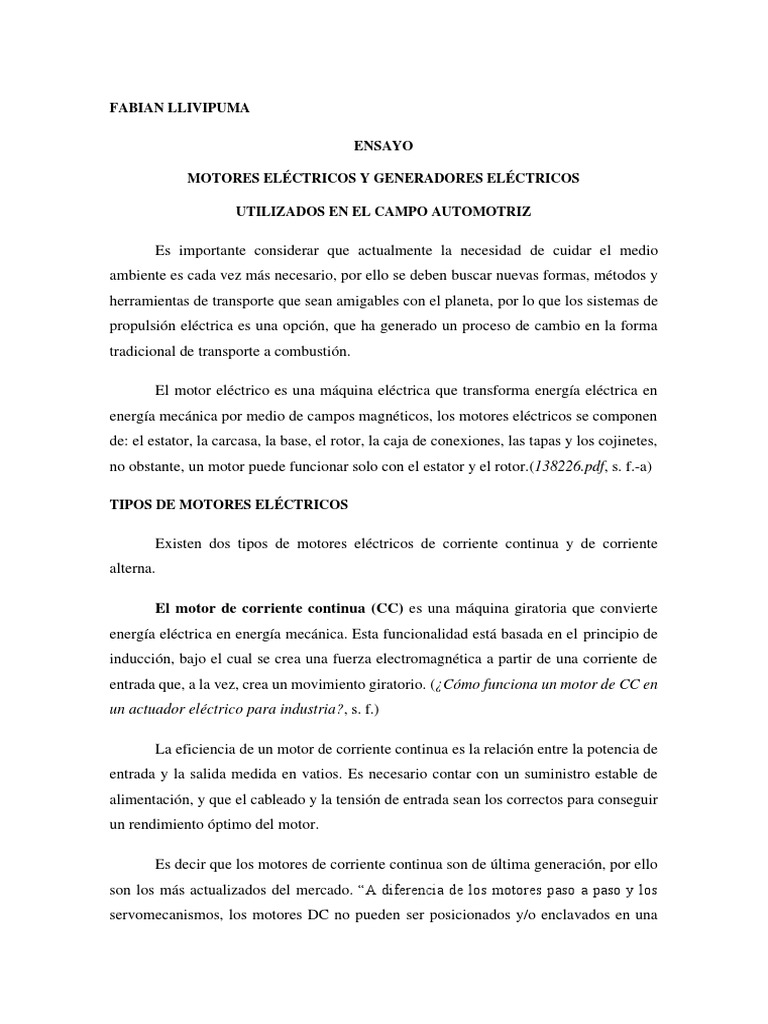 Ensayo Motores | PDF | Motor eléctrico | Ingenieria Eléctrica