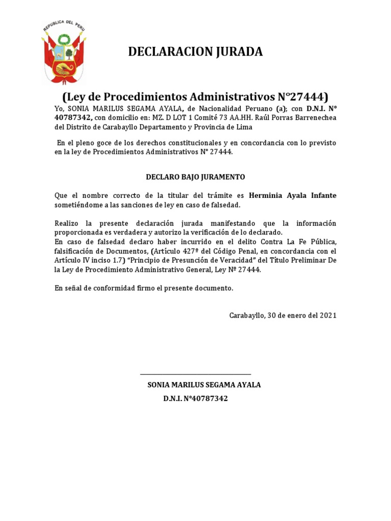 Declaracion Jurada: (Ley de Procedimientos Administrativos N°27444) | PDF | Ley Pública | Gobierno