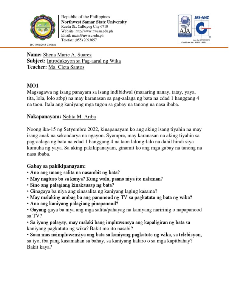 Suarez - Shena Marie - BSED Filipino 2 - Major Output 1 | PDF