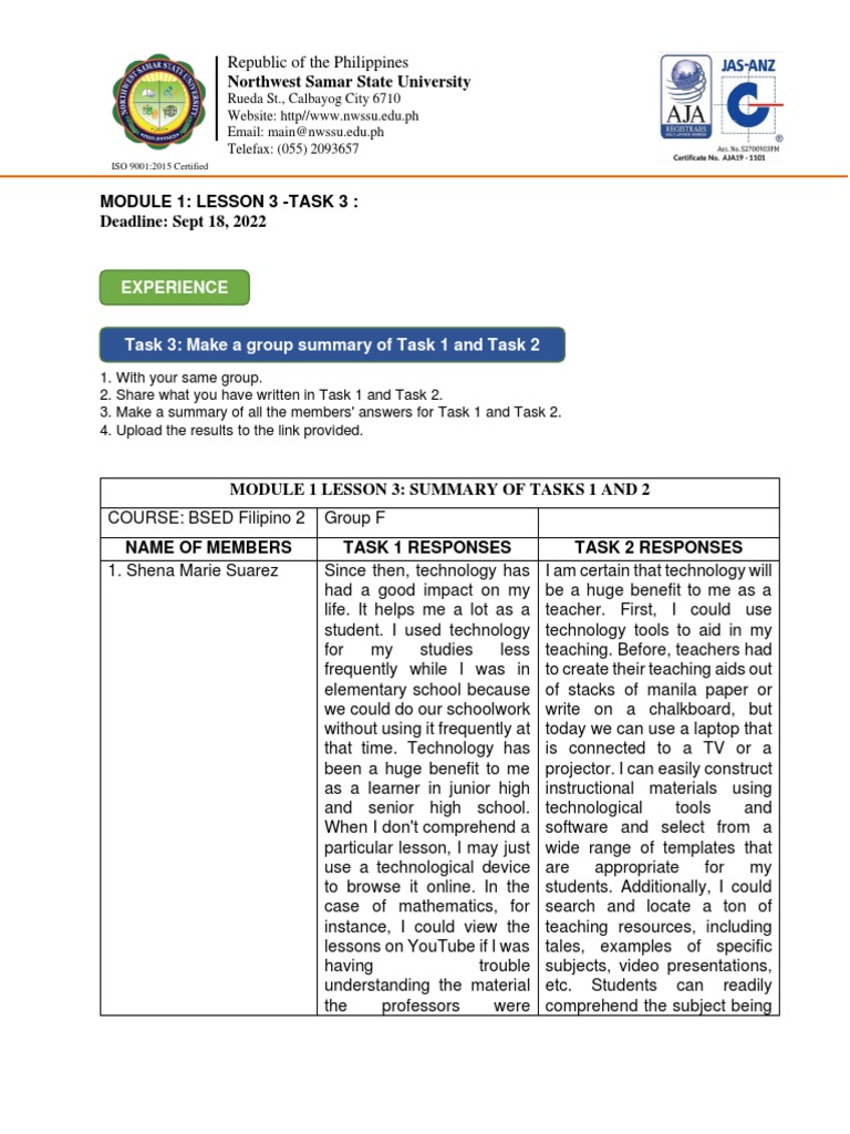 BSED - Filipino - Group F - Module1 - Lesson3 - Task3 | PDF | Teachers | Learning