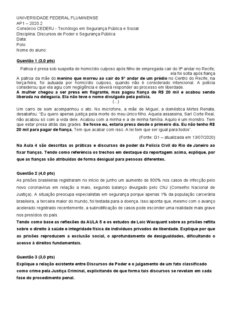 APx1 Discursos de Poder | PDF | Justiça | Crime e Violência