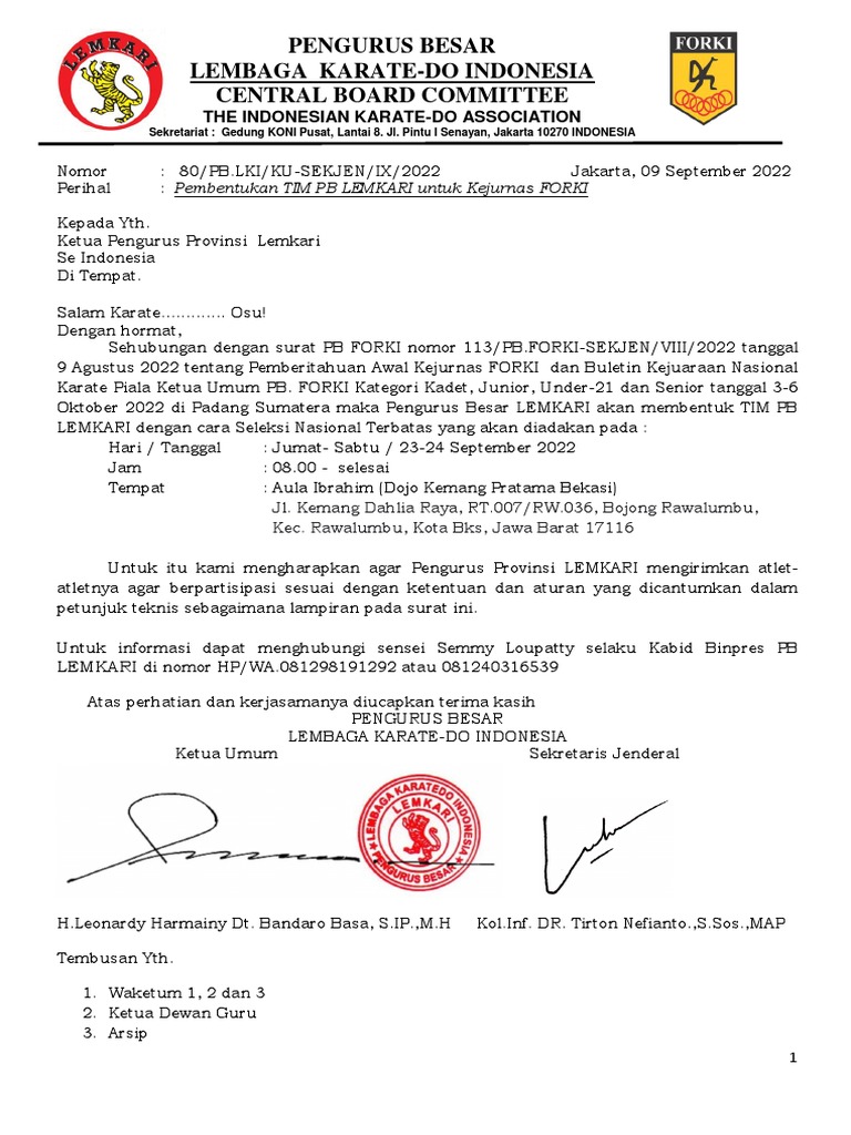 Seleksi Nasional Karate PB LEMKARI 2022 | PDF