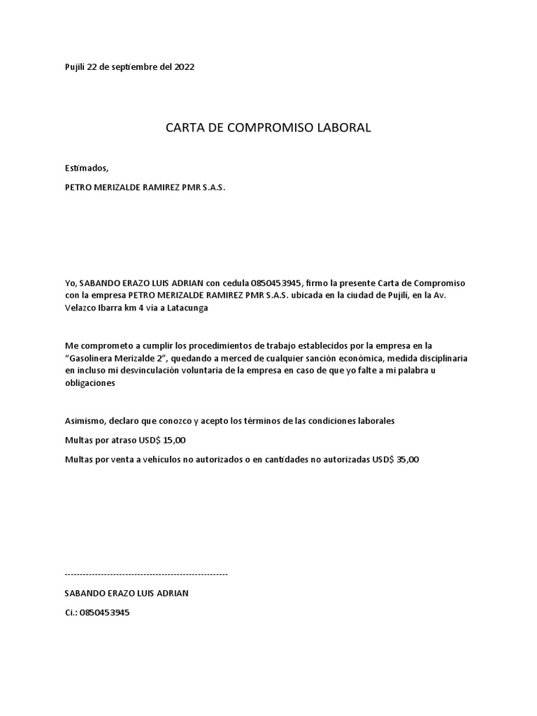 Carta De Compromiso Laboral Pdf
