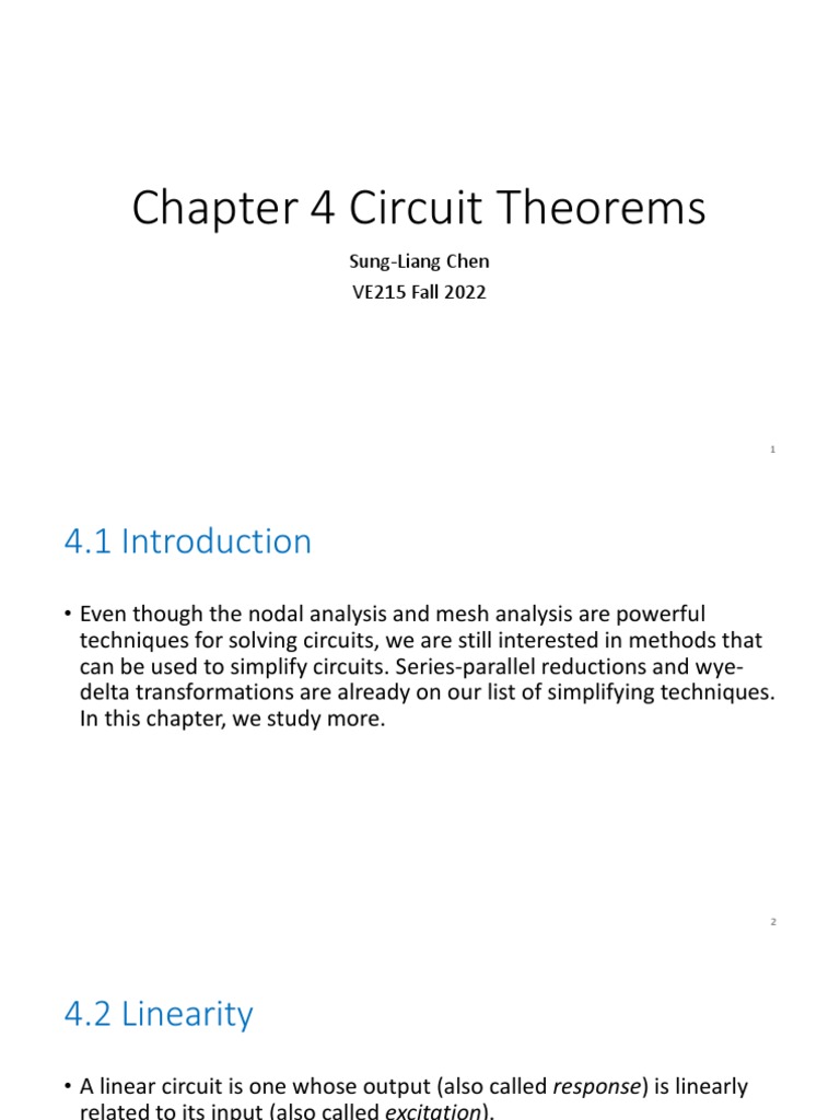 Chapter 4 Circuit Theorems Sung Liang Chen VE215 Fall 2022 PDF