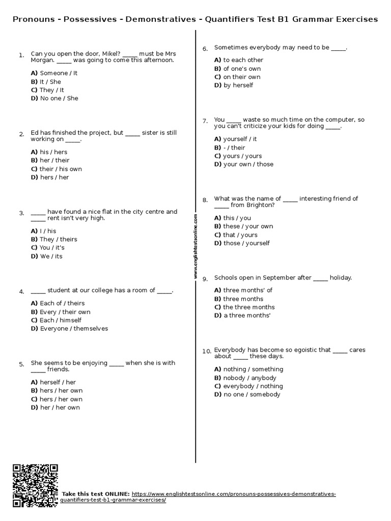 497 - Pronouns Possessives Demonstratives Quantifiers Test b1 Grammar ...