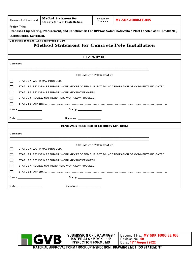 MY-SDK-10000-EE-005 - Method Statement For Concrete Pole Installation - GVB Rev1 | PDF ...