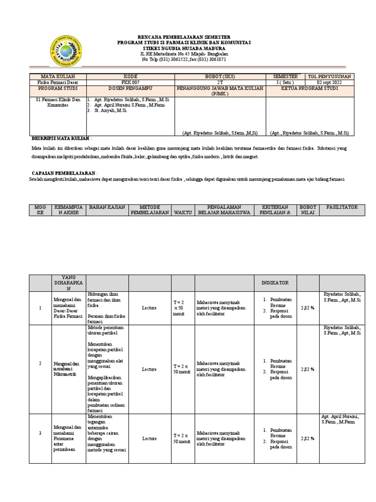 Rencana Pembelajaran Fisika Farmasi | PDF | Sains & Matematika
