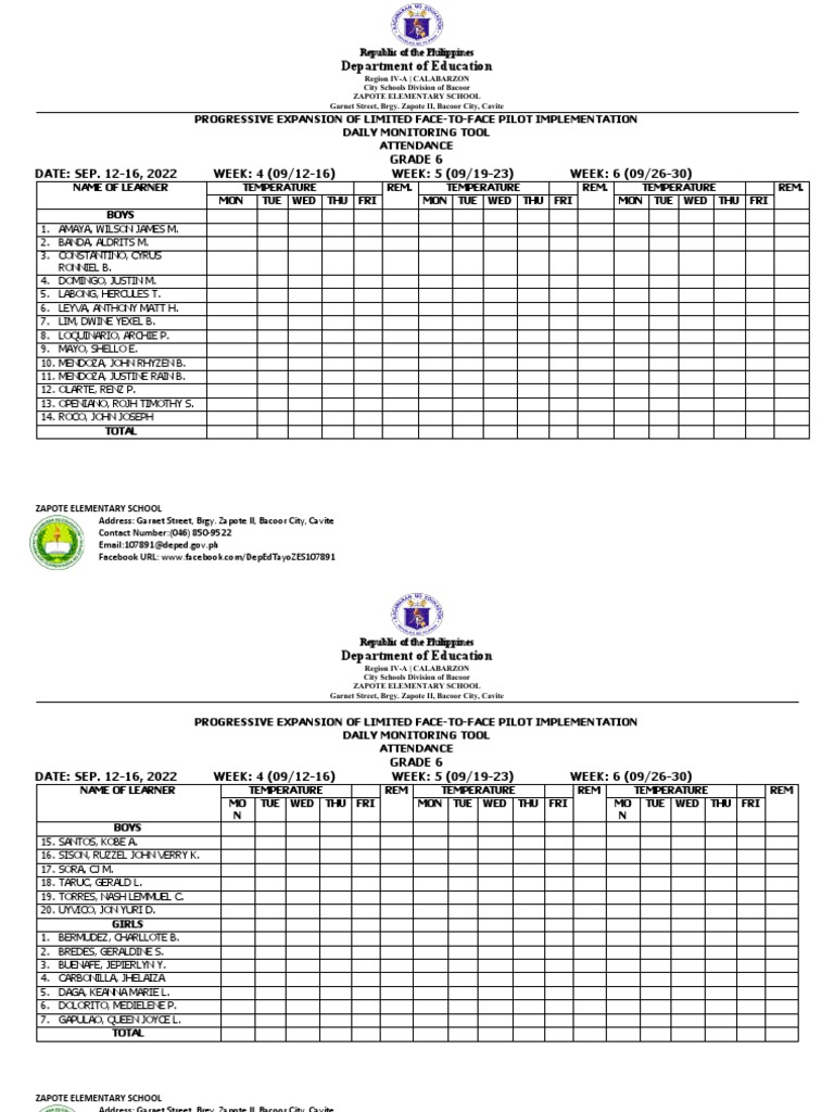 Attendance - Weekly-Monitoring-Tool W4-6 | PDF