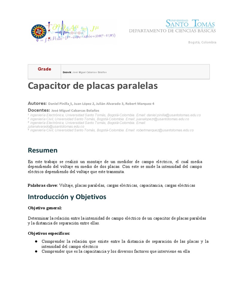 Informe Laboratorio - Capacitor de Placas Paralelas | PDF | Condensador | Capacidad