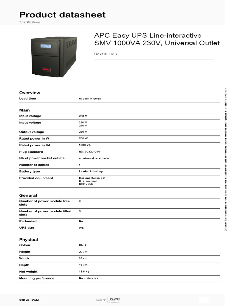 APC Easy UPS Line-interactive SMV 1000VA 230V, Universal Outlet SMV1000I-MS Product Datasheet ...