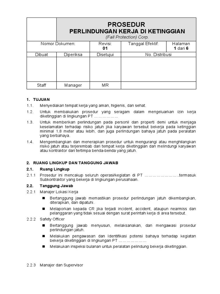 SOP 82 Perlindungan Kerja Di Ketinggian Fall Protection (SFILE | PDF
