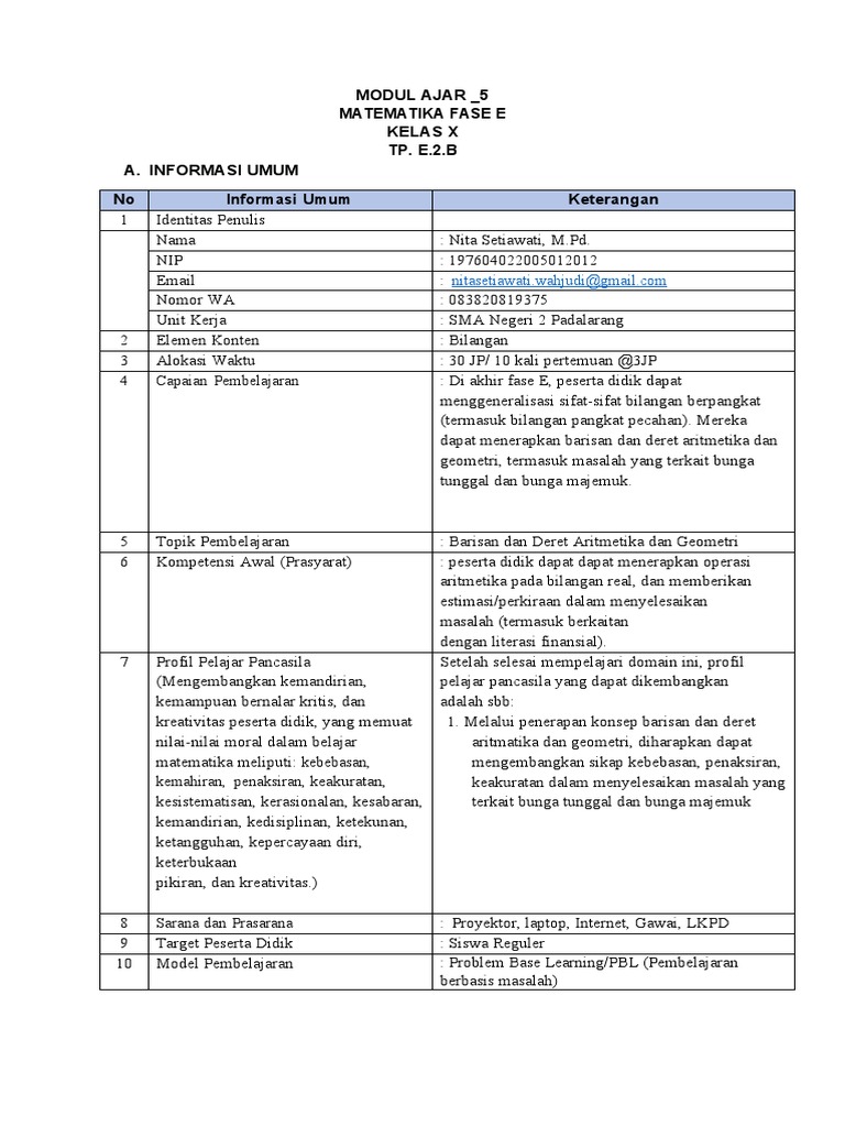 Modul Ajar Barisan Dan Deret | PDF | Metode & Bahan Ajar | Komputer