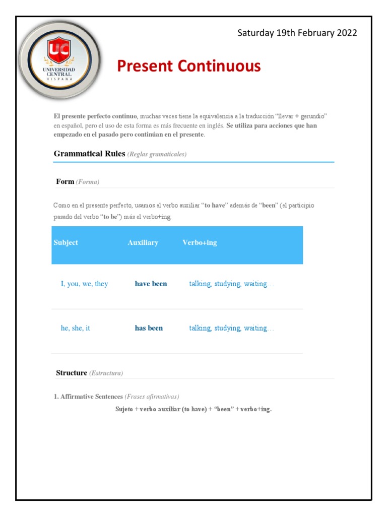 El Presente Perfecto Continuo | PDF | Morfología Lingüística | Ciencia cognitiva