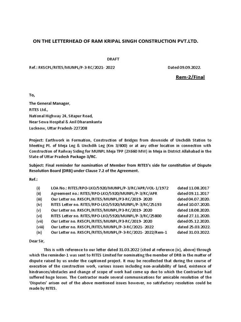 Draft Letter DRB Contract No - Ritesrpo-Lko5920munplp-3rc Rem-2 9.9. ...
