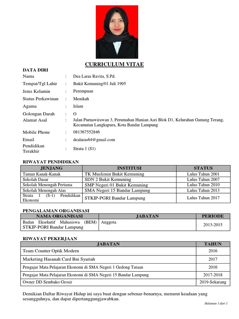 CV Dea Laras Ravita (Pengajar) | PDF