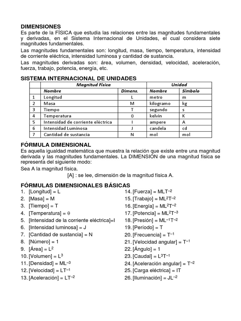 Dimensiones Fisica | PDF | Masa | Sistema Internacional de Unidades