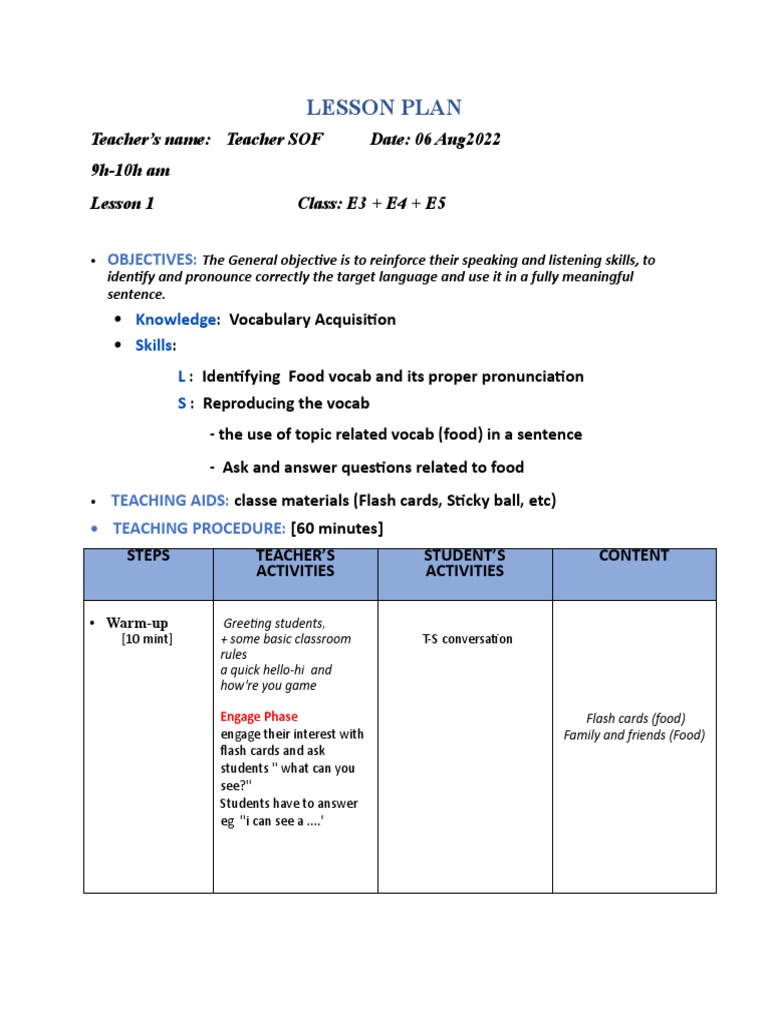 Lesson Plan 1 Food | PDF | Vocabulary | Lesson Plan