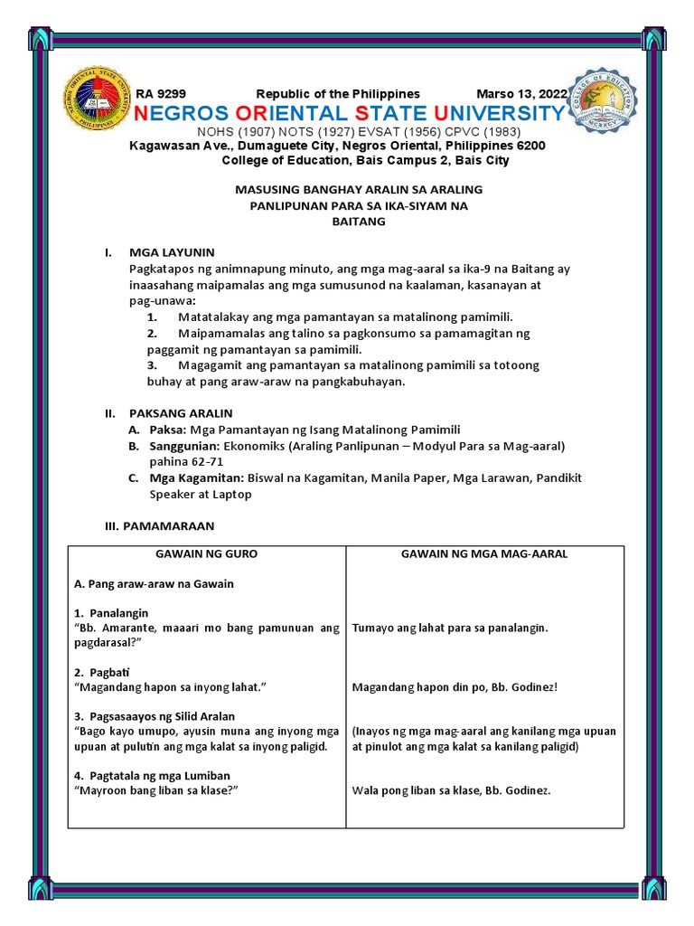 Masusing Banghay Aralin Sa Araling Panlipunan Ix I Godinez, Kizzha G, I ...