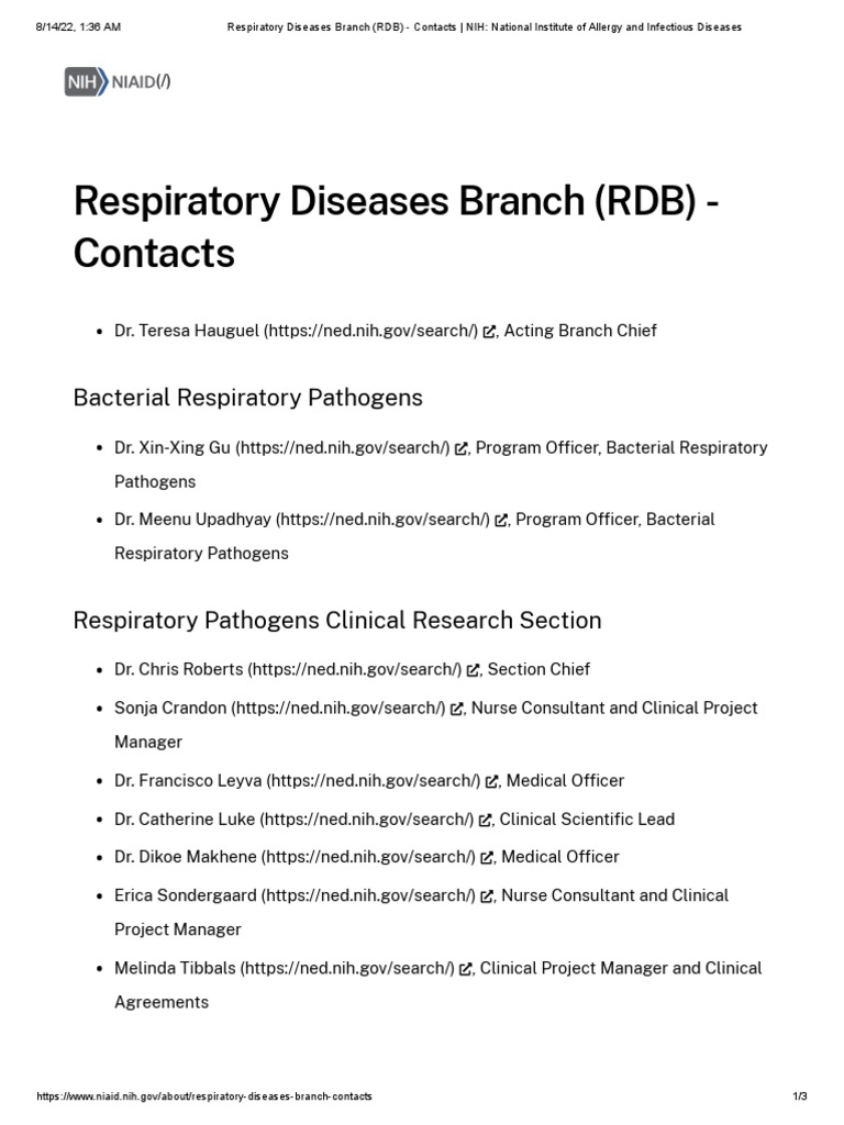 Respiratory Diseases Branch (RDB) - Contacts - NIH - National Institute ...